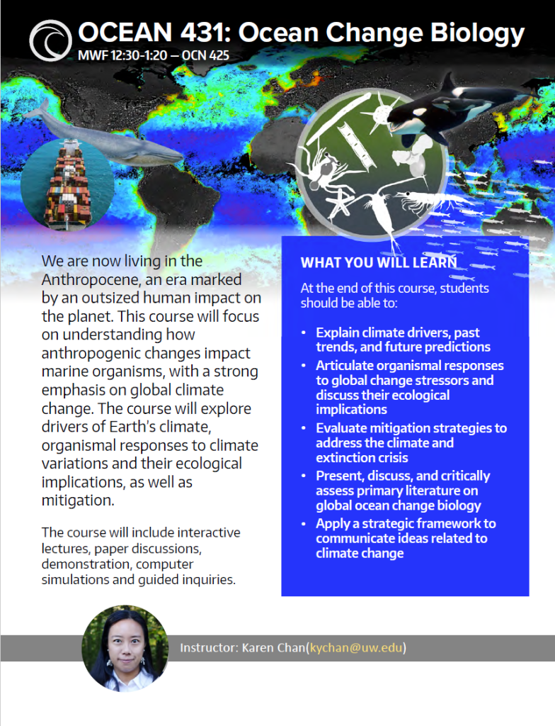 Fall Elective for Marine Bio Majors: OCEAN 431 – Ocean Change Biology